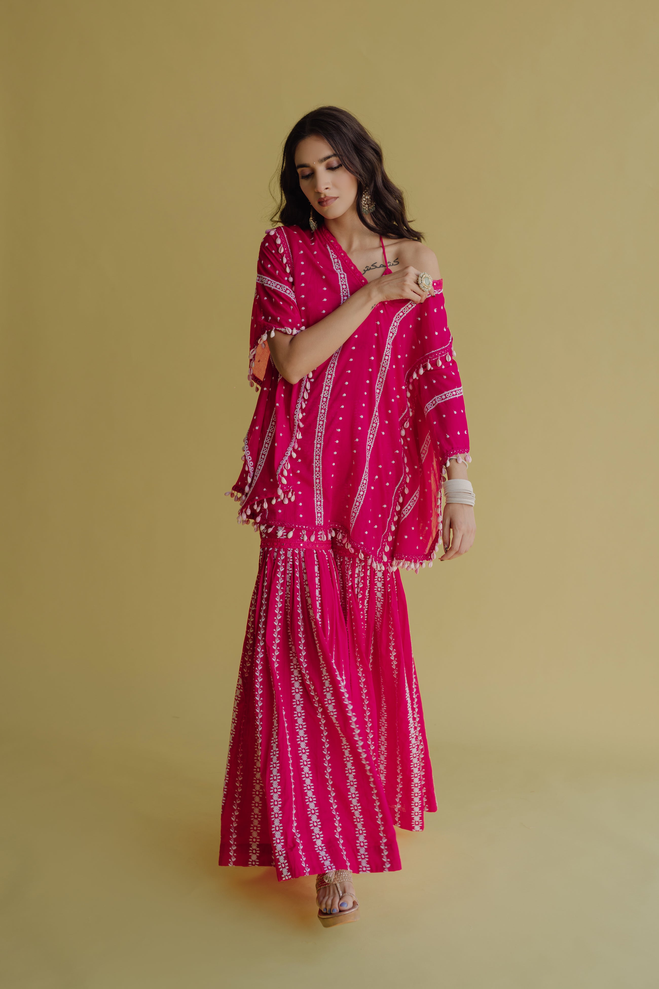 Alia Hot Pink Embroidered Cotton Kaftan, Blouse and Sharara Set