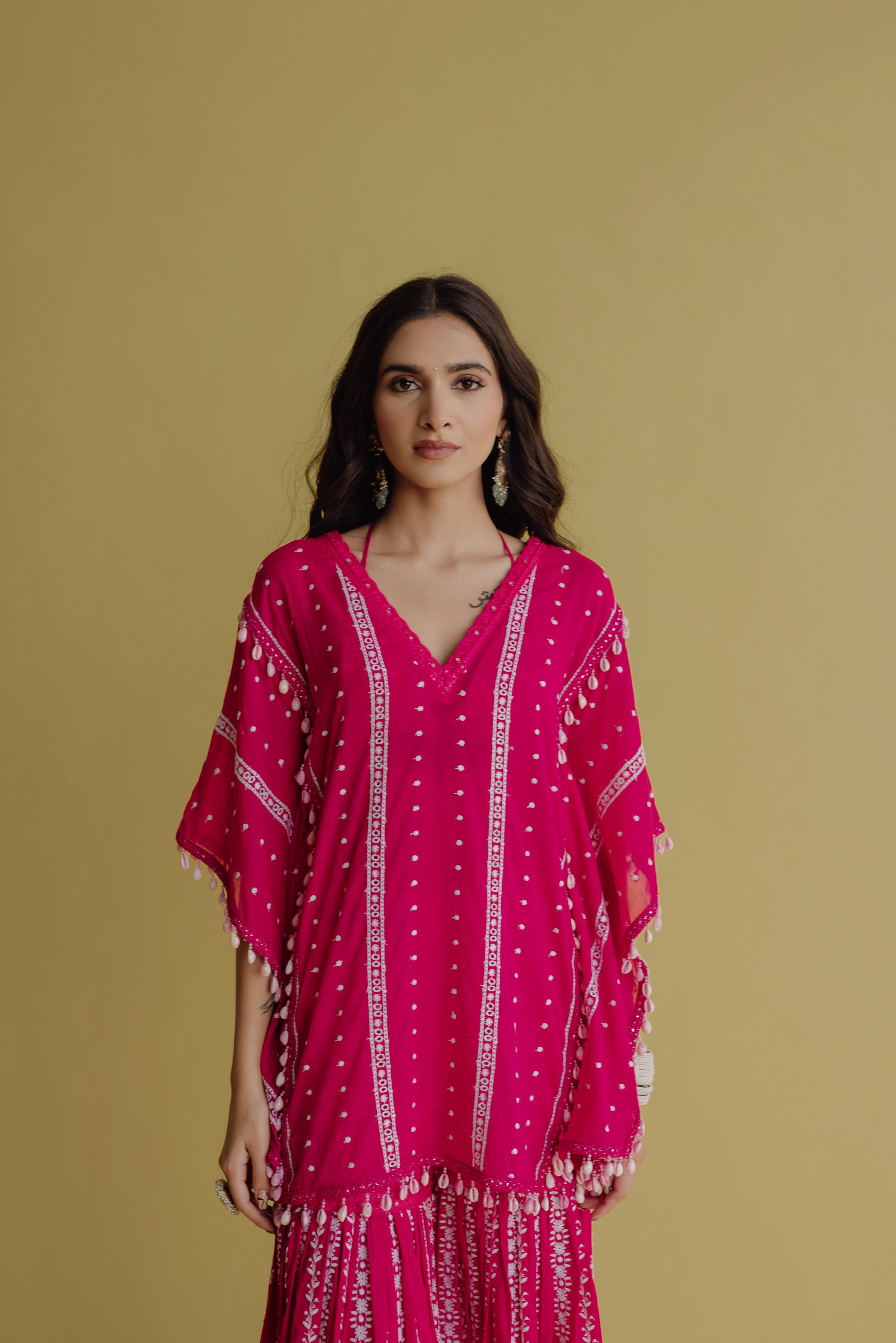 Alia Hot Pink Embroidered Cotton Kaftan, Blouse and Sharara Set