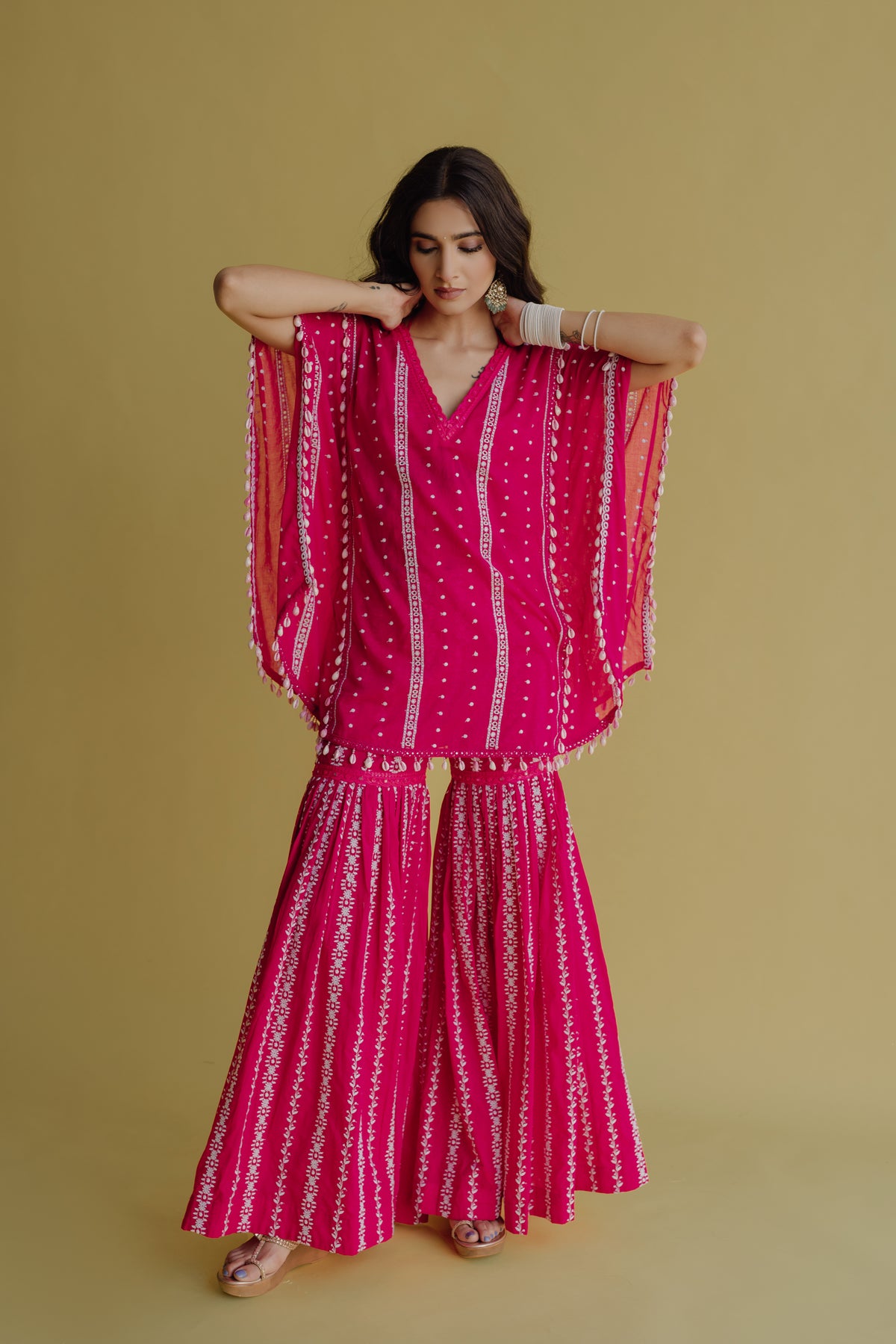 Alia Hot Pink Embroidered Cotton Kaftan, Blouse and Sharara Set