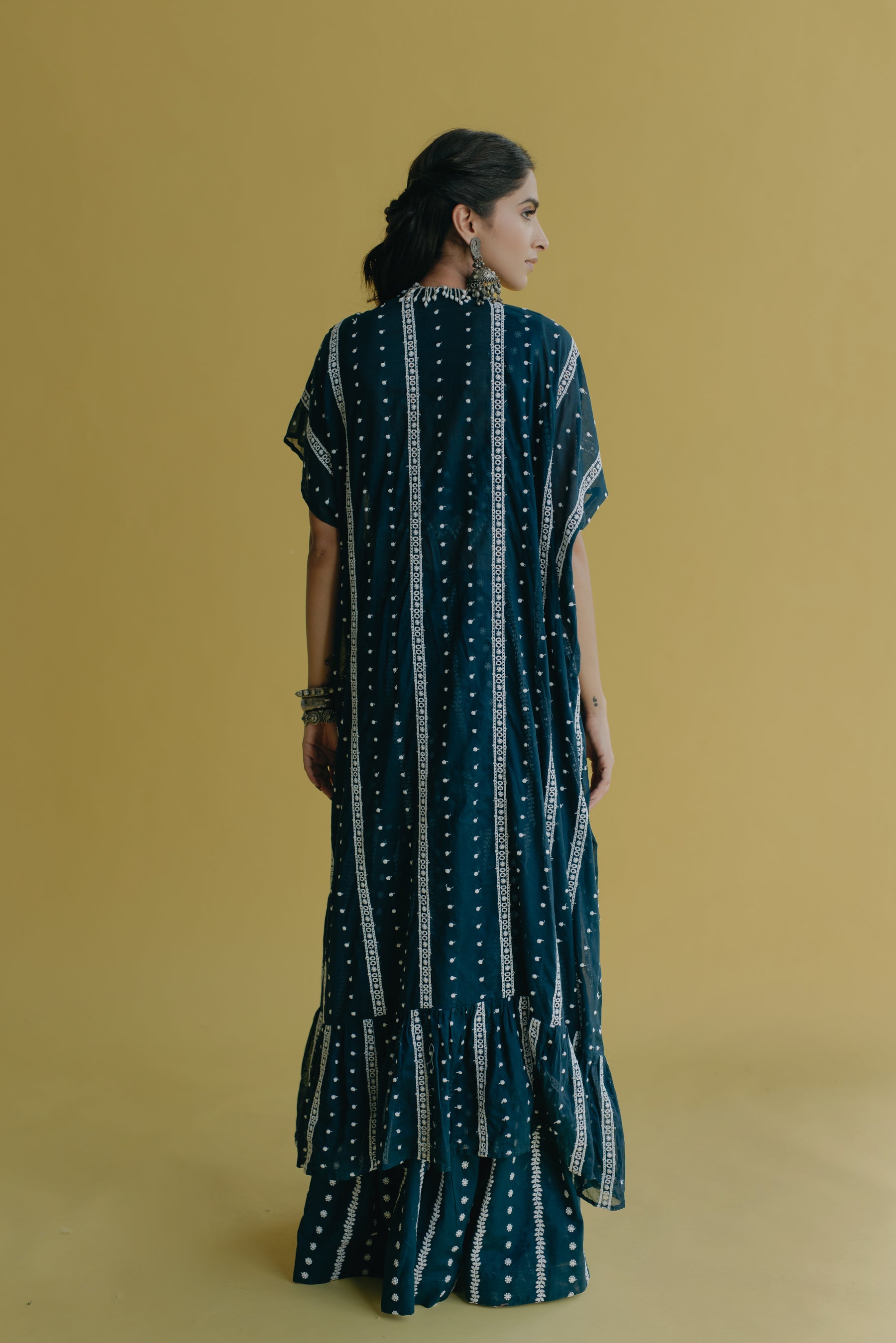 Inaya Royal Blue Embroidered Cotton Cape, Blouse and Sharara Set