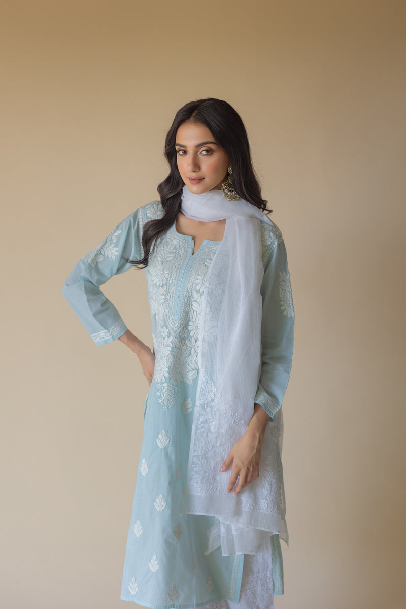 Nazma Cotton Blue Hand Embroidered Chikankari Kurta
