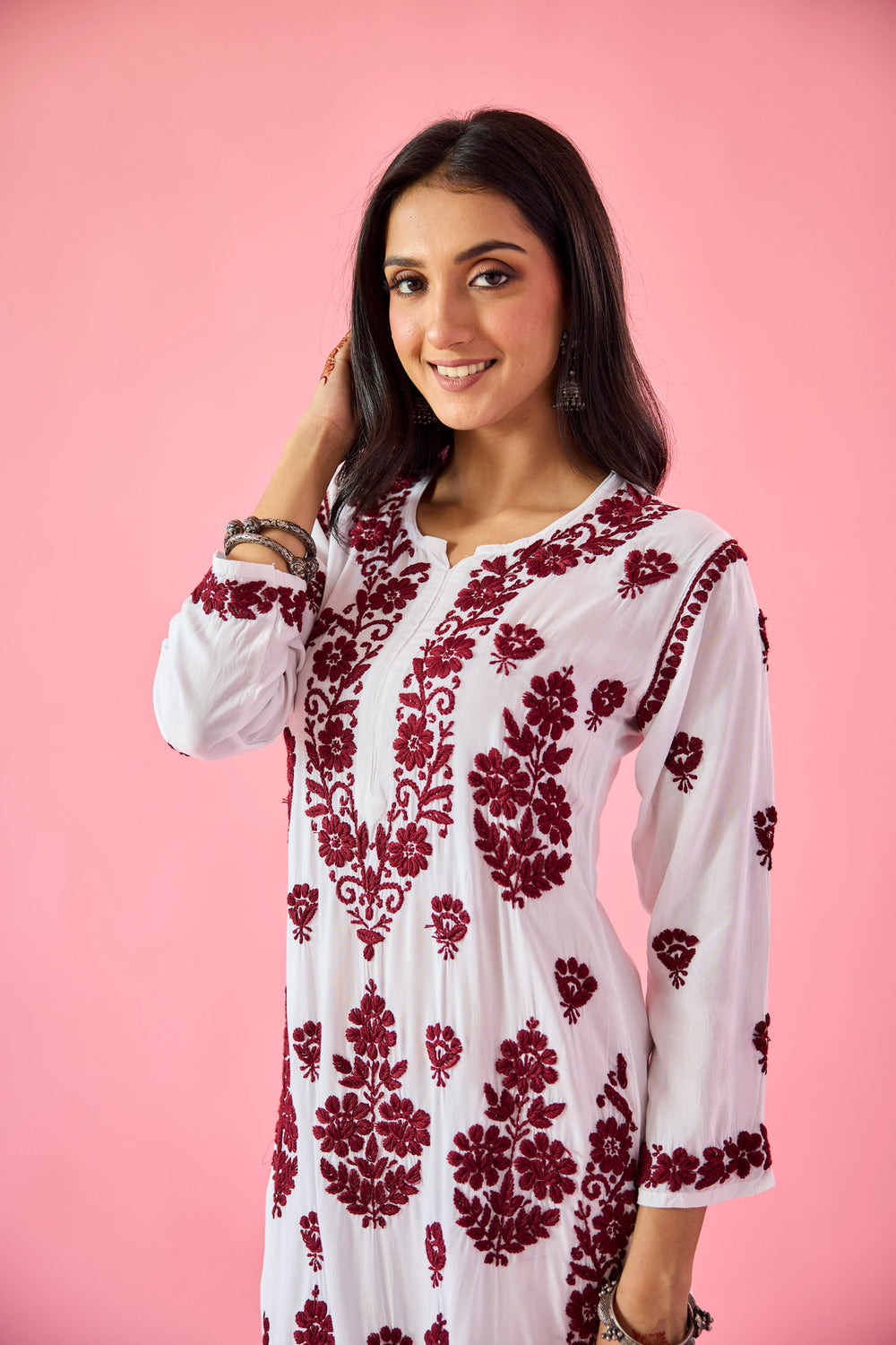 Gyaani Maroon & White Modal Hand Embroidered Chikankari Kurta & Pant S