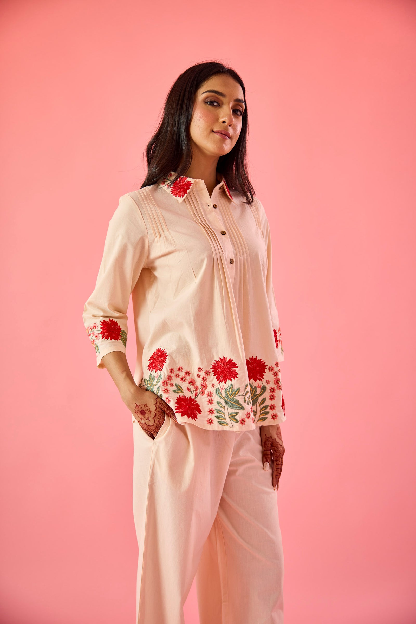 Gaze Cream Cotton Embroidered Co-ord Set