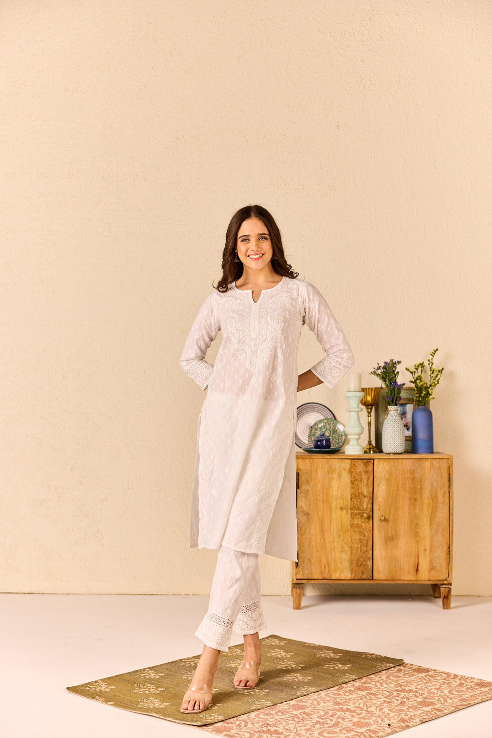 Rimsha White Cotton Hand Embroidered Chikankari Kurta & Pant Set