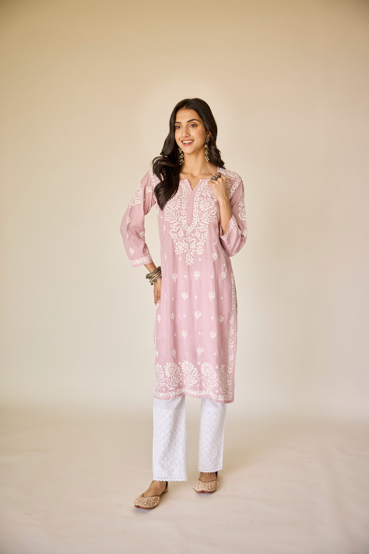 Noura Dusty Pink Muslin Hand Embroidered Chikankari Kurta