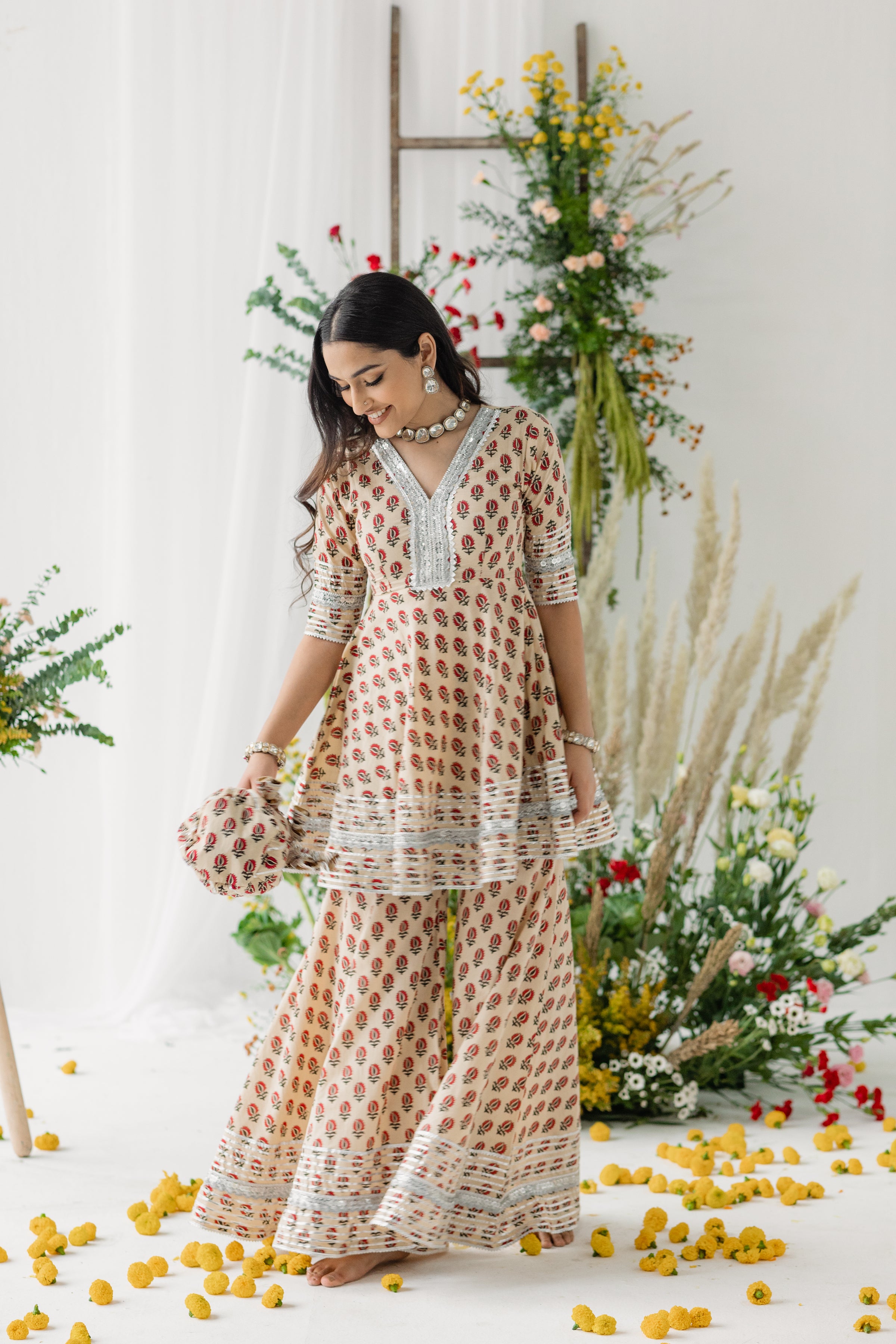 Daffodil Beige & Red Printed Cotton Gharara Set of 3